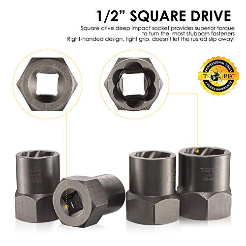 Topec 5-Piece Heavy Duty Nut Bolt Remover set, 1/2” Drive Impact Extractor Set, Perfect Tool Kit for Removing Stripped, Damaged, Rounded off and Rusted Bolts & Nuts, and Shorter Profile Lug Nuts