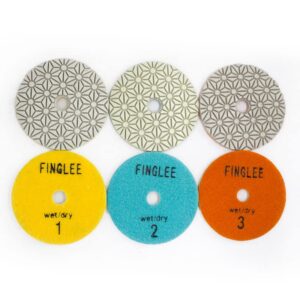 FINGLEE DT 4 inch 3 Steps Diamond Dry Polishing Pad Diamond Resin Discs for Granite Marble Quartz (5pcs Grit1)