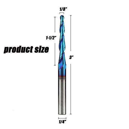 Jiiolioa ZQ2113 Spiral CNC Router Bits 1/4" Shank 3"OVL 2.4 Deg Tapered Angle Ball Nose with NACO-Blue Coating for 2D&3D Wood Carving