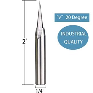 DashHound BRV20 Carbide V-Point Router Bit Wood Engraving Bit “V” 20 Deg with 1/4 Shank and 2” Overall Length 2D&3D Carving