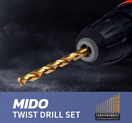 MIDO PROFESSIONAL ABRASIVE Drill Bit Set 13PCS Titanium Metal Drill Bits 1/16"-1/4" Impact Drill Bit Set for Aluminum Alloy, Wood, and Plastic