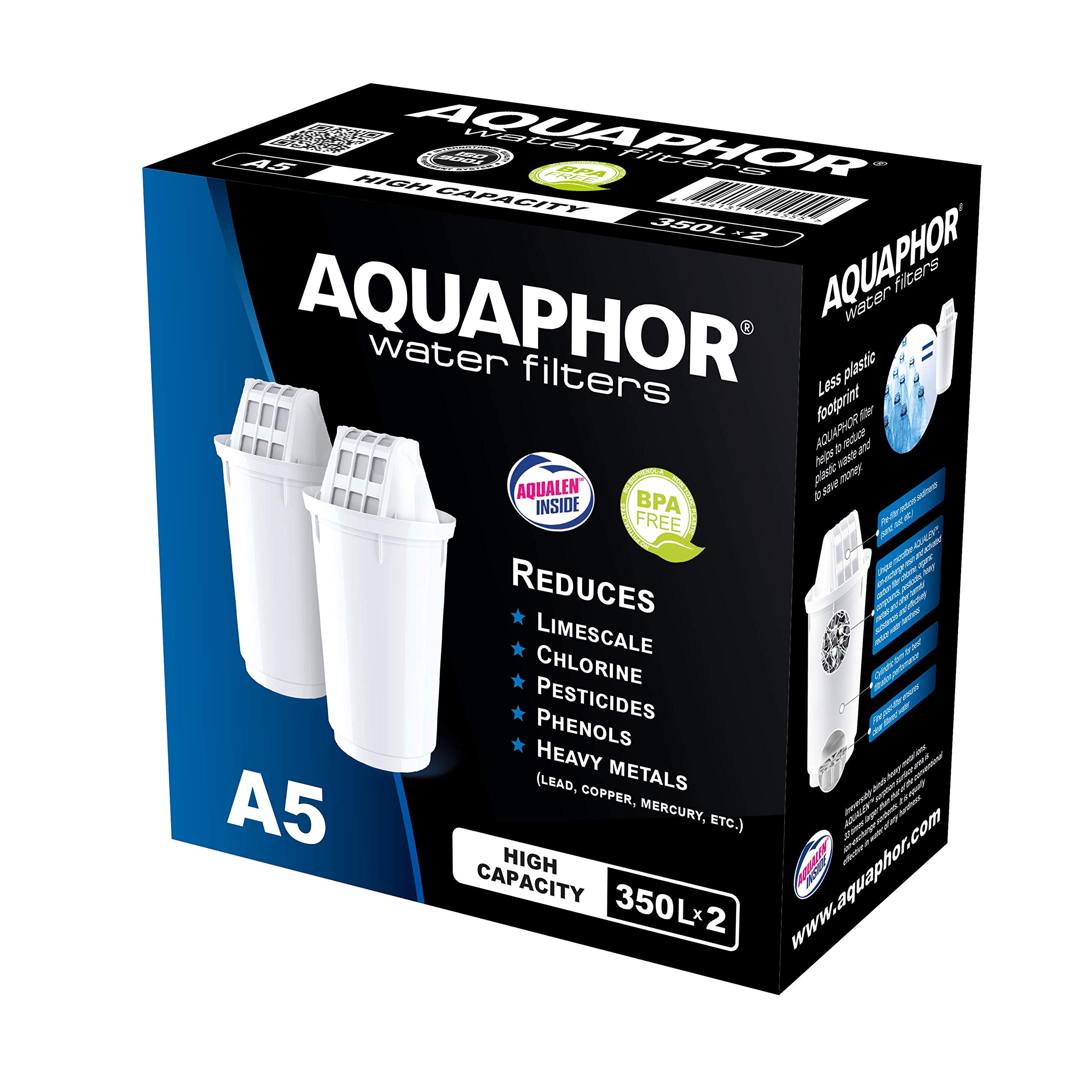 AQUAPHOR Replacement Water cartridges, fits All A5 jugs, 2 Pack, Each Filter Lasts up to 350 litres, Plastic, White