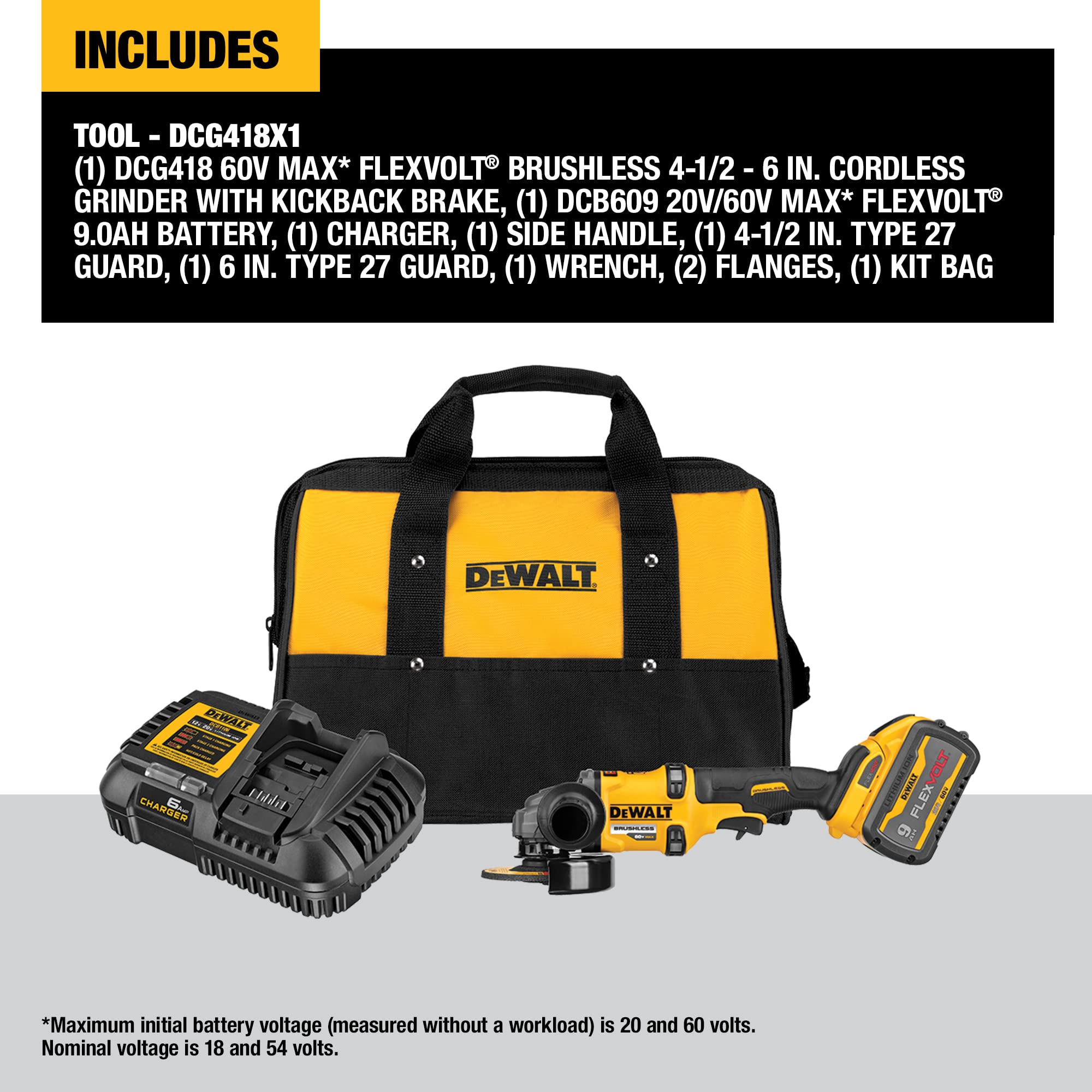 DEWALT FLEXVOLT 60V MAX* Angle Grinder with Kickback Brake Kit, 4-1/2-Inch to 6-Inch (DCG418X1)