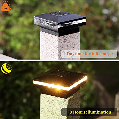 MAGGIFT 15 Lumen Solar Post Lights, Outdoor Post Cap Light for Fence Deck or Patio, Solar Powered Caps, Warm White LED Lighting, Lamp Fits 4x4 or 6x6 Wooden Posts (2 Pack, Black)