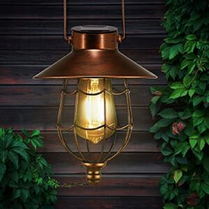 solar lanterns outdoor hanging metal vintage lantern warm white solar lights lamp waterproof edison bulb design for pathway garden patio yard tree decoration (copper)