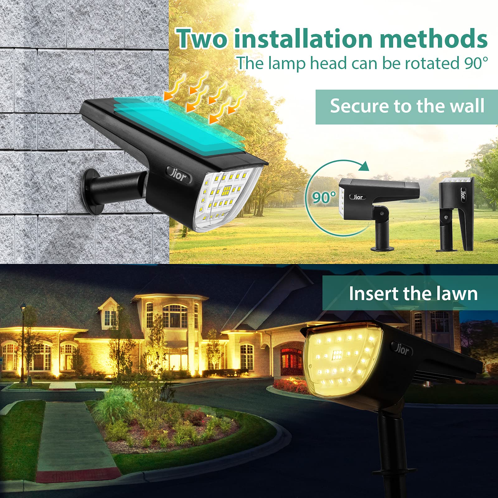 Jior Solar Landscape SpotLights Outdoor 32 LED IP65 Waterproof Solar Powered Wall Lights 2-in-1 Adjustable Lights for Garden Yard Driveway Walkway Pool Patio 4 Pack (Cold White)