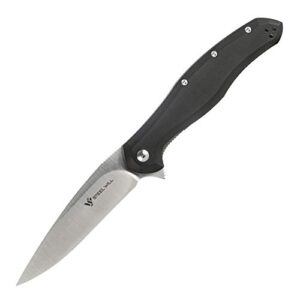 steel will knives intrigue f45-31: 3.6" m390 drop point satin folding blade, liner lock, black g10 handle, red alu standoffs