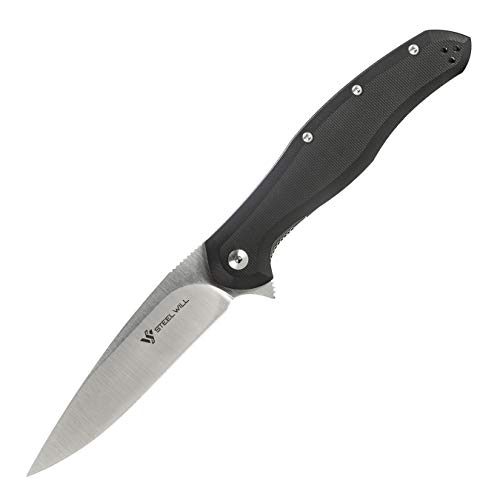 Steel Will Knives Intrigue F45-31: 3.6" M390 Drop Point Satin Folding Blade, Liner Lock, Black G10 Handle, Red Alu Standoffs