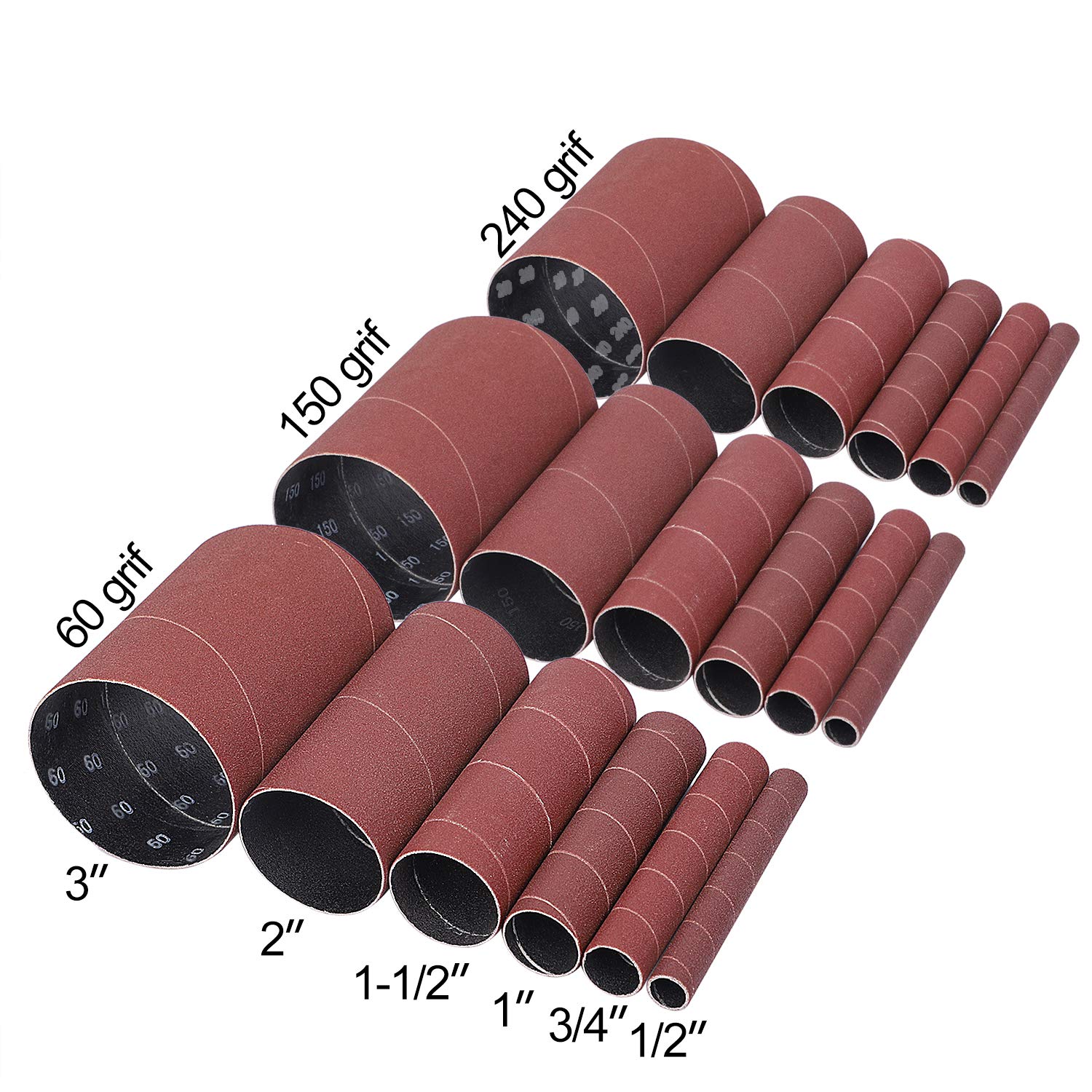 KEILEOHO 18 PCS Spindle Sander Sleeves, Sanding Sleeves 4.5 Inch Length, 6 Size with 60, 150, 240 Assorted Grit Alumina Sandpaper 1/2”,3/4”,1”,1-1/2”, 2”, 3” Diameter