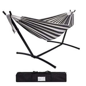 prime garden cotton rope hammock with space saving steel hammock stand, 2 person double freestanding hammock with carry bag for outdoor patio yard backyard 450 lb capacity (black stripe)