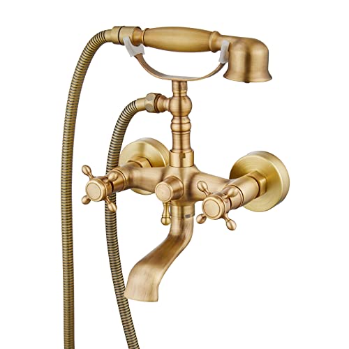 gotonovo Wall Bathtub Faucet Set with HandHeld Shower Spray Antique brass Double Cross Handle 2 Functions Wall Mount 360 Swivel Mixer Tub Filler Spout Vintage Bathroom