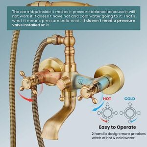 gotonovo Wall Bathtub Faucet Set with HandHeld Shower Spray Antique brass Double Cross Handle 2 Functions Wall Mount 360 Swivel Mixer Tub Filler Spout Vintage Bathroom