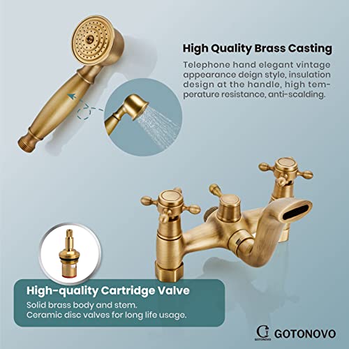 gotonovo Wall Bathtub Faucet Set with HandHeld Shower Spray Antique brass Double Cross Handle 2 Functions Wall Mount 360 Swivel Mixer Tub Filler Spout Vintage Bathroom