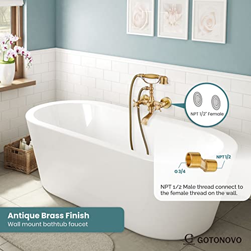 gotonovo Wall Bathtub Faucet Set with HandHeld Shower Spray Antique brass Double Cross Handle 2 Functions Wall Mount 360 Swivel Mixer Tub Filler Spout Vintage Bathroom