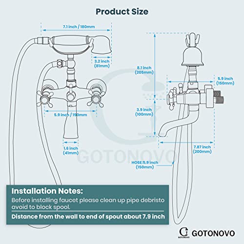 gotonovo Wall Bathtub Faucet Set with HandHeld Shower Spray Antique brass Double Cross Handle 2 Functions Wall Mount 360 Swivel Mixer Tub Filler Spout Vintage Bathroom