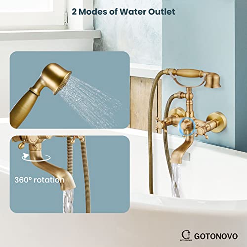 gotonovo Wall Bathtub Faucet Set with HandHeld Shower Spray Antique brass Double Cross Handle 2 Functions Wall Mount 360 Swivel Mixer Tub Filler Spout Vintage Bathroom