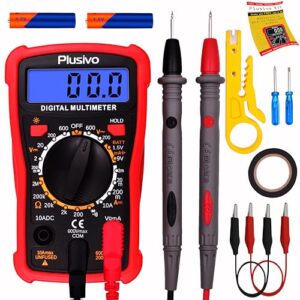 plusivo digital multimeter tester 2000 counts ac dc voltmeter ohm volt amp multi meter measures voltage, resistance, current, continuity, tests battery and diode with test probes for electricians