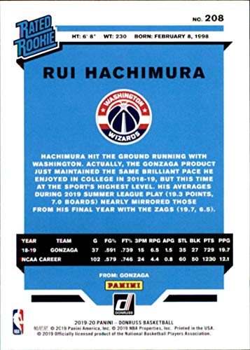 2019-20 Donruss Basketball #208 Rui Hachimura RC Rated Rookie Official NBA Trading Card by Panini Ame