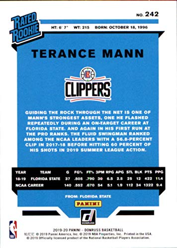 2019-20 Donruss Basketball #242 Terance Mann Los Angeles Clippers RC Rated Rookie Official NBA Trading Card by Panini America