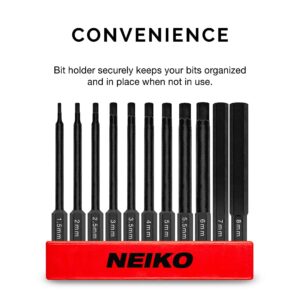 NEIKO 01148A Hex Allen Power Bit Set, 11-Piece Metric Sizes 1.5mm to 8mm | Magnetic Head Bits 3 Quick Release Shanks Premium S2 Steel Compatible with Drills and Impact Drivers