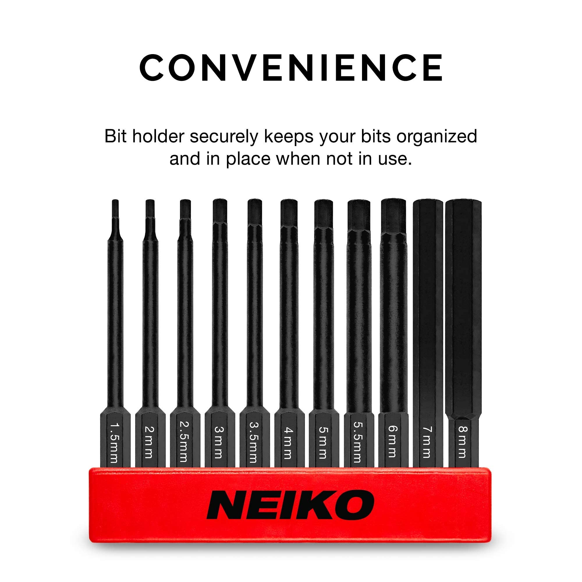 NEIKO 01148A Hex Allen Power Bit Set, 11-Piece Metric Sizes 1.5mm to 8mm | Magnetic Head Bits 3 Quick Release Shanks Premium S2 Steel Compatible with Drills and Impact Drivers