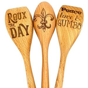 Fleur de lis or Roux the Day or Peace Love & Gumbo Engraved Wooden Cooking Spoon, Choice Of Style Engraved Wooden Spoons, Cajun Louisiana New Orleans Cooking, Mardi Gras Gift, Cajun Wedding Gift Set