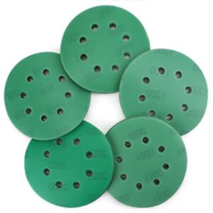 5 inch sanding discs 50pack 8 hole hook and loop 800/1000/1200/1500/2000 assorted fine grit wet dry green 5” sanding disc for random orbital sander wood metal car plastic polishing and finishing