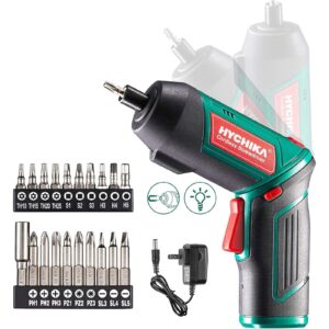 cordless screwdriver 6 n.m, hychika 4v 2000mah electric screwdriver gun, adjustable 2 position handles, front led, dc charging, 20pcs accessories