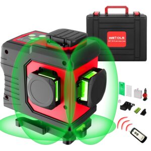 wetols 12 lines laser level, 3x360° 3d green cross line, rechargeable batteries, remote controller, switchable & auto self-leveling, three-plane leveling & alignment, with portable toolbox we-185