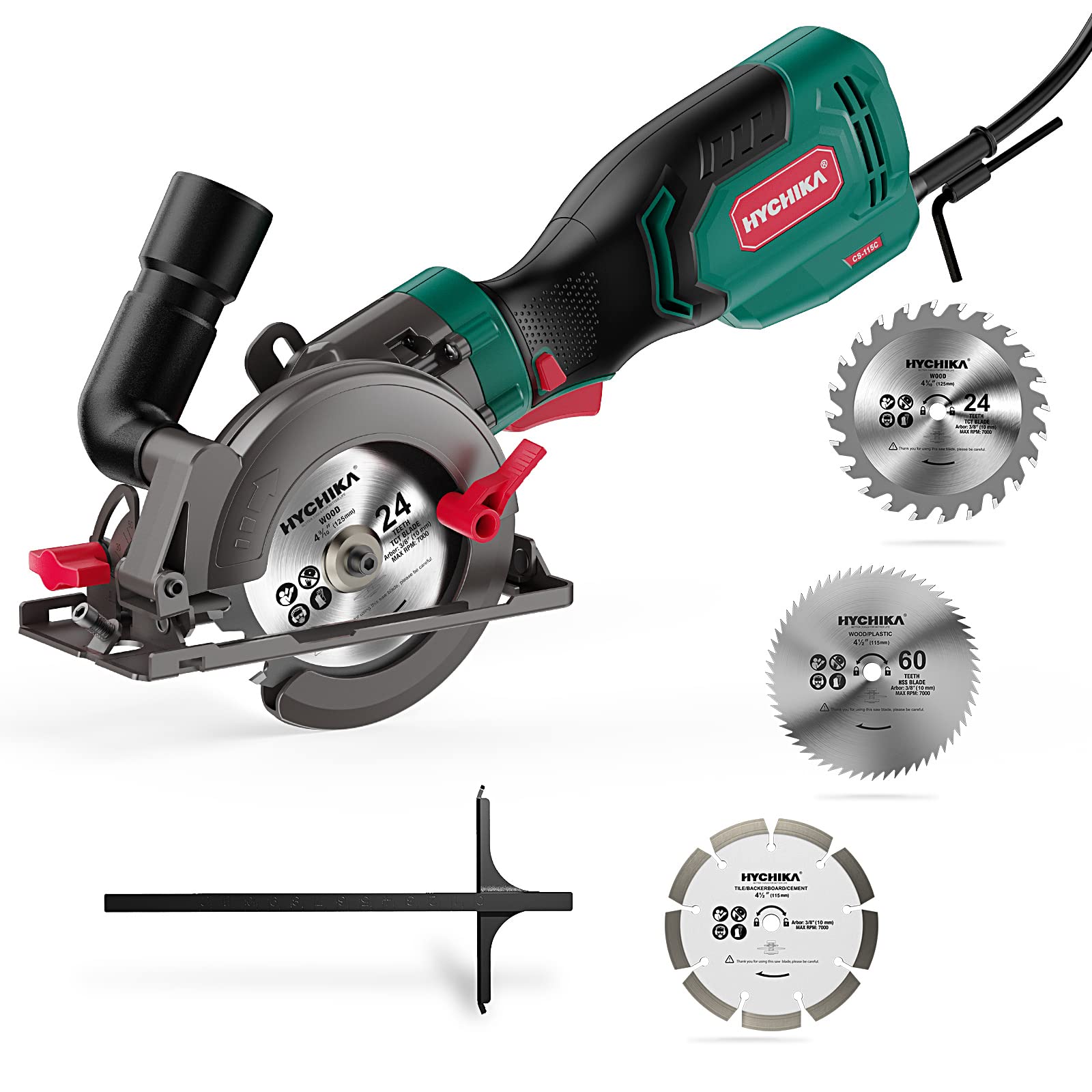 Electric Circular Saw, HYCHIKA 6.2A Mini Circular Saw with 3 Blades(4-1/2”), Compact Hand Saw Max Cutting Depth 1-7/8'' (90°), Rubber Handle, 10 Feet Cord, fit for Wood Soft Metal Tile Plastic Cuts