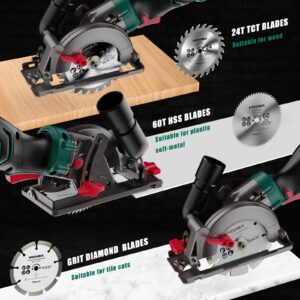 Electric Circular Saw, HYCHIKA 6.2A Mini Circular Saw with 3 Blades(4-1/2”), Compact Hand Saw Max Cutting Depth 1-7/8'' (90°), Rubber Handle, 10 Feet Cord, fit for Wood Soft Metal Tile Plastic Cuts