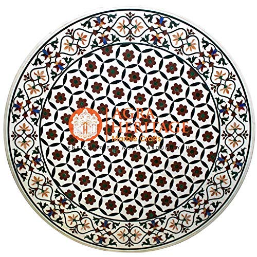 White 47" Marble Round Dining Table Top Stunning Inlay Handmade Marquetry Arts Outdoor Furniture