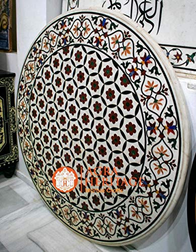 White 47" Marble Round Dining Table Top Stunning Inlay Handmade Marquetry Arts Outdoor Furniture