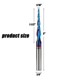 Jiiolioa ZQ21A3 CNC Router Bits 2D&3D Carving 3.6 Deg Tapered Angle 2 Flute Ball Nose 1/4" Shank 1/16"X1 1/2"X1/4"X3"