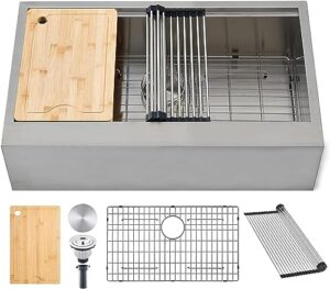 vesla home 33 inch farmhouse sink, 304 stainless steel single bowl workstation kitchen sink, handmade 16 gauge 9 inch deep apron sink farm sink with accessories