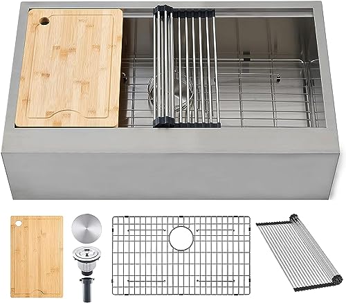 VESLA HOME 33 inch Farmhouse Sink, 304 Stainless Steel Single Bowl Workstation Kitchen Sink, Handmade 16 Gauge 9 inch Deep Apron Sink Farm Sink with Accessories