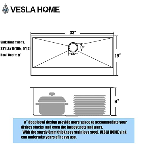 VESLA HOME 33 inch Farmhouse Sink, 304 Stainless Steel Single Bowl Workstation Kitchen Sink, Handmade 16 Gauge 9 inch Deep Apron Sink Farm Sink with Accessories