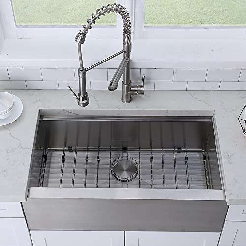 VESLA HOME 33 inch Farmhouse Sink, 304 Stainless Steel Single Bowl Workstation Kitchen Sink, Handmade 16 Gauge 9 inch Deep Apron Sink Farm Sink with Accessories