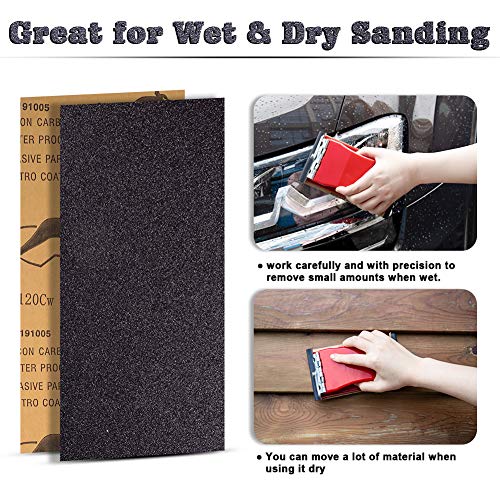 Sand Paper, 45 Pack 120 to 5000 Grit Sandpaper Wood Wet Dry Waterproof Abrasive Sandpaper Assortment Sheets with Sanding Block Sander for Automotive Car Metal Polishing Finishing 9х3.6 Inch