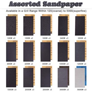 Sand Paper, 45 Pack 120 to 5000 Grit Sandpaper Wood Wet Dry Waterproof Abrasive Sandpaper Assortment Sheets with Sanding Block Sander for Automotive Car Metal Polishing Finishing 9х3.6 Inch