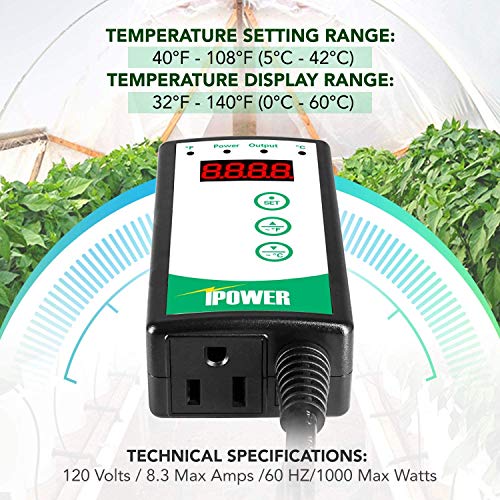 iPower 2-Pack Digital Heat Mat Thermostat 40-108 Degrees Fahrenheit Warming Pad Temperature Controller for Germination, Seedlings Rooting, Brewing, 1000W-Green, White