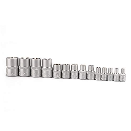 CASOMAN 14 Pieces Female E-TORX Star Socket Set, Female External Star Socket Set, E4 - E24 Torque Socket Set, 1/4"Dr. 3/8"Dr. 1/2"Dr.