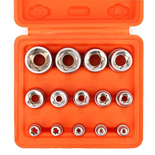 CASOMAN 14 Pieces Female E-TORX Star Socket Set, Female External Star Socket Set, E4 - E24 Torque Socket Set, 1/4"Dr. 3/8"Dr. 1/2"Dr.