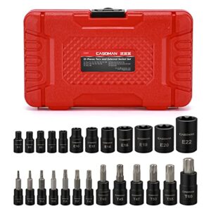 casoman 25 piece torx bit socket and external socket set, 13 star socket bits (t8- t60)& 12 female e-torx sockets (e4-e22)