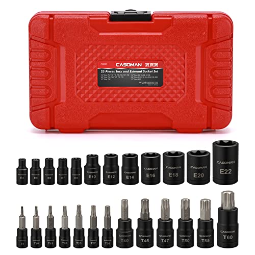 CASOMAN 25 Piece Torx Bit Socket and External Socket Set, 13 Star Socket Bits (T8- T60)& 12 Female E-Torx Sockets (E4-E22)