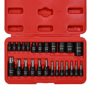 CASOMAN 25 Piece Torx Bit Socket and External Socket Set, 13 Star Socket Bits (T8- T60)& 12 Female E-Torx Sockets (E4-E22)