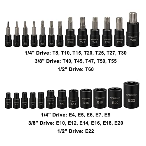 CASOMAN 25 Piece Torx Bit Socket and External Socket Set, 13 Star Socket Bits (T8- T60)& 12 Female E-Torx Sockets (E4-E22)