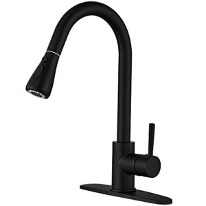 Kitchen Sink Faucet with Pull down Sprayer Matte Black, Single Handle High Arc Pull out Kitchen Faucets, Single Level Solid Brass Bar Kitchen Faucet with Deck Plate