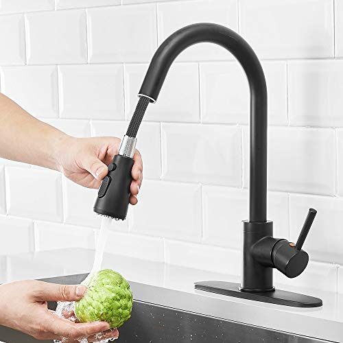 Kitchen Sink Faucet with Pull down Sprayer Matte Black, Single Handle High Arc Pull out Kitchen Faucets, Single Level Solid Brass Bar Kitchen Faucet with Deck Plate