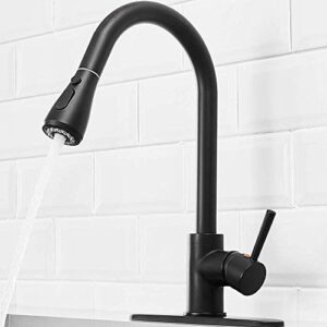 Kitchen Sink Faucet with Pull down Sprayer Matte Black, Single Handle High Arc Pull out Kitchen Faucets, Single Level Solid Brass Bar Kitchen Faucet with Deck Plate